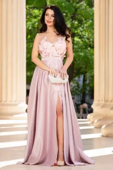 Rochie de nasa Abigail nude tip printesa din tafta cu flori 3D - Rochii