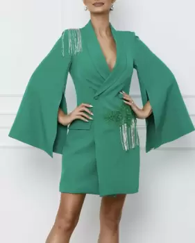 Rochie sacou eleganta verde cu broderie si franjuri din perle - Sacouri